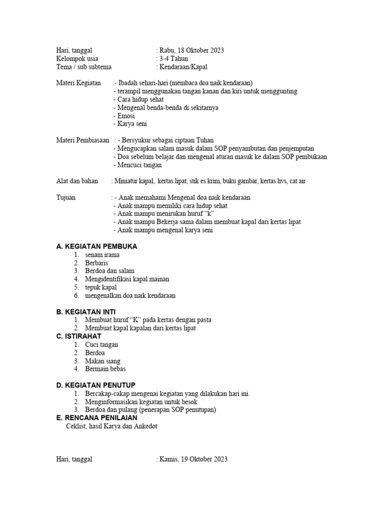 Contoh RPPH Paud 2 | PDF | Kajian Bahasa Asing