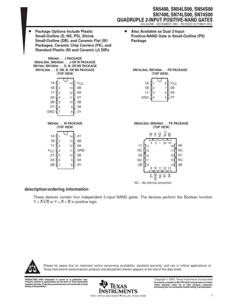 01 Datasheet TTL IC 5400 7400 | PDF | Logic Gate | Electronic Engineering