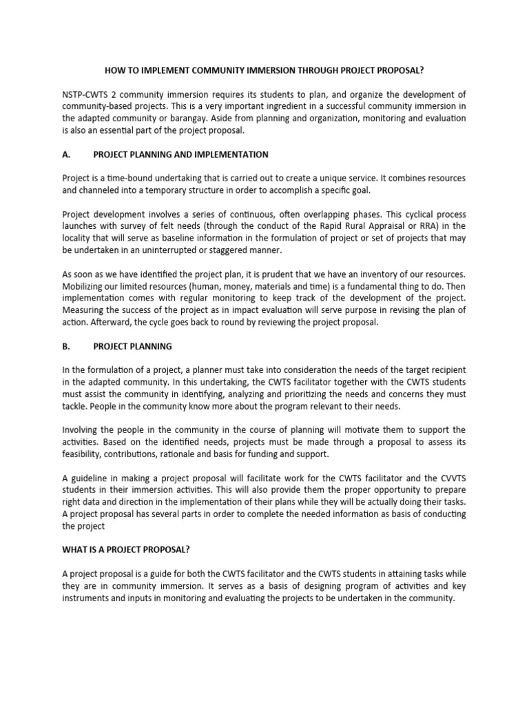 Community Immersion Project Proposal Guide | PDF | Evaluation | Information
