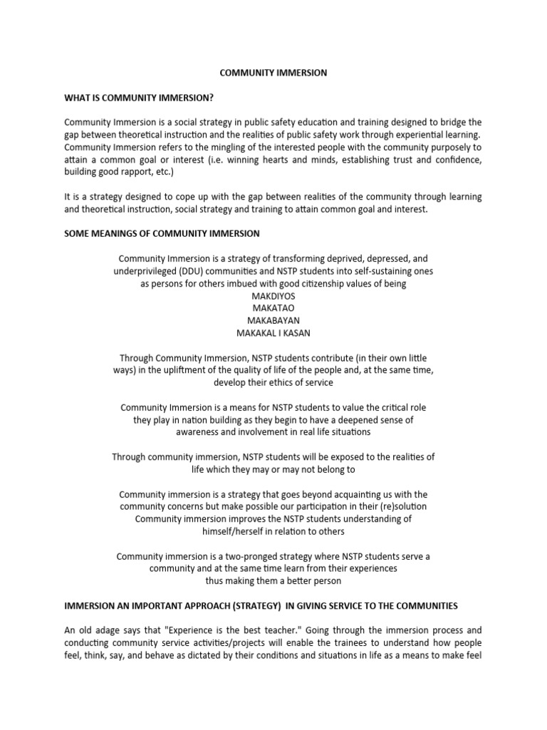 Understanding Community Immersion | PDF | Community | Experience