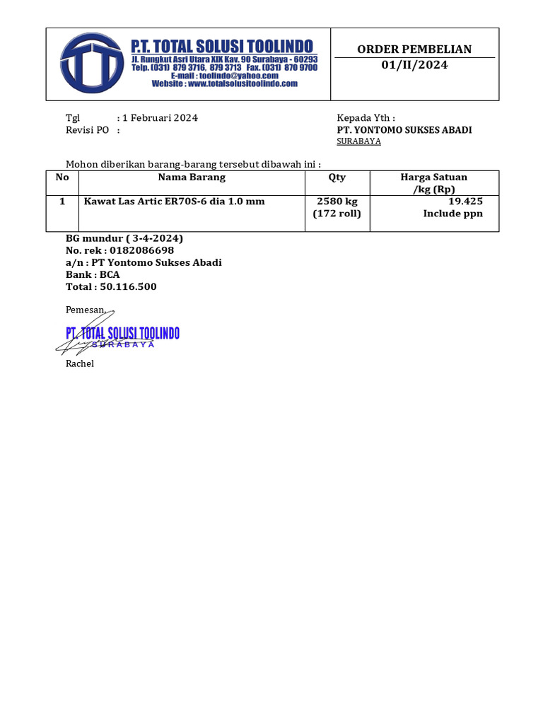 Order Pembelian PT Yontomo Sukses Abadi | PDF