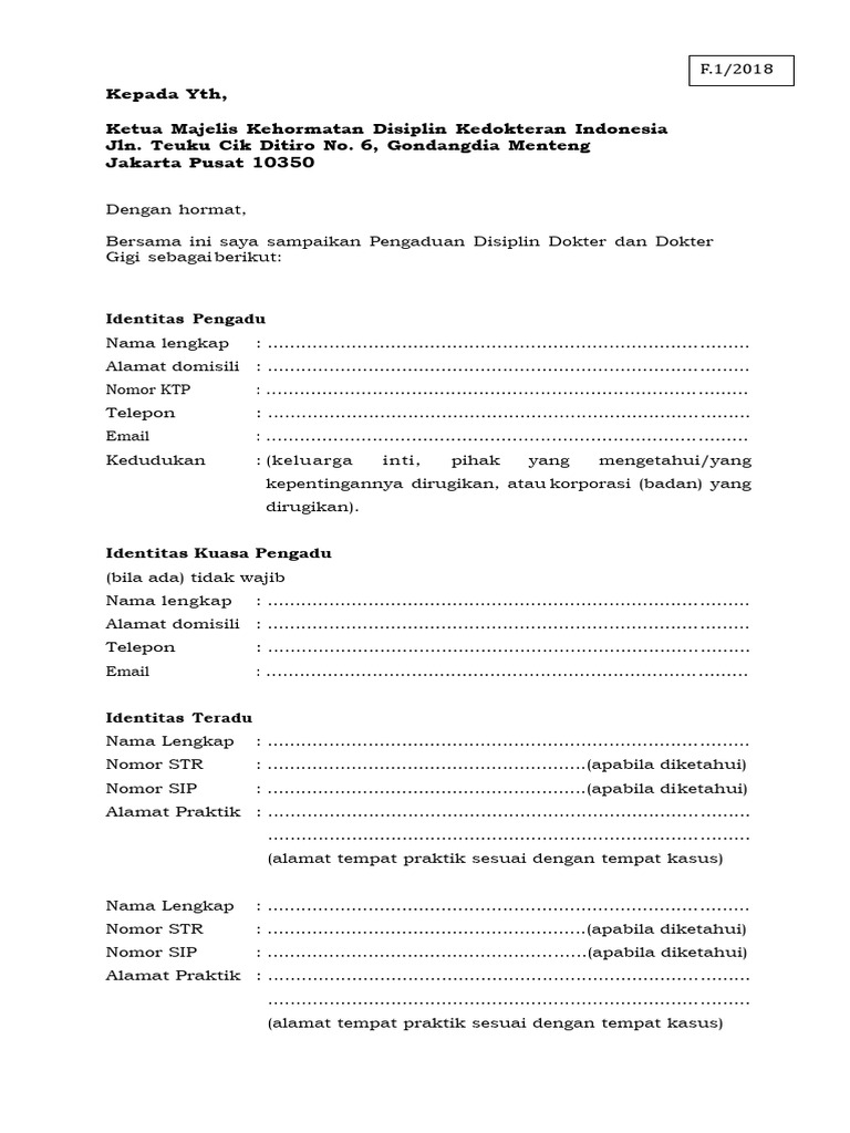 Formulir F1 Dan F2 Pengaduan | PDF
