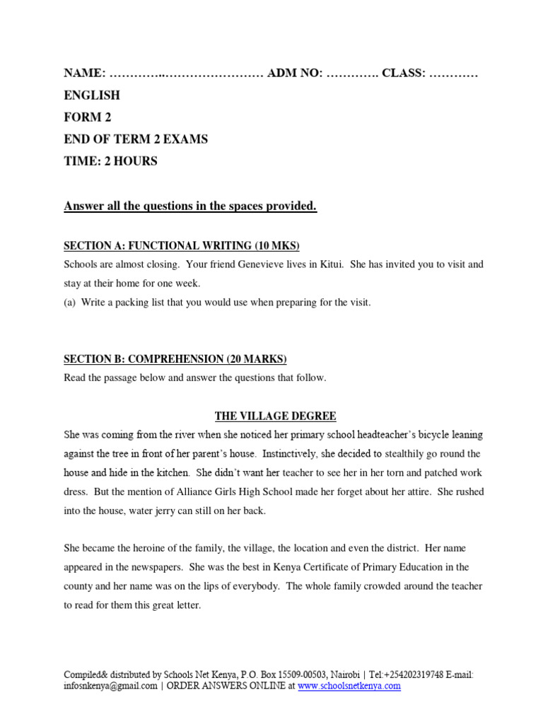 Form 2 English End of Term 2 Exam | PDF | Poetry | Linguistics