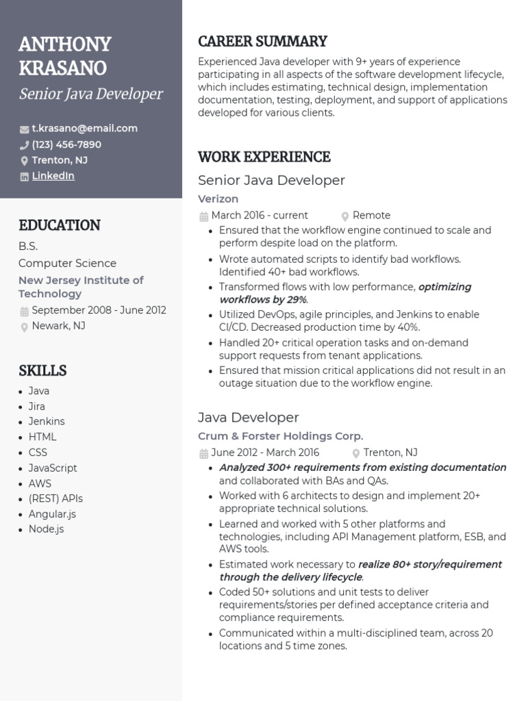 Senior Java Developer Resume Example | PDF | Java (Programming Language) | Application Software