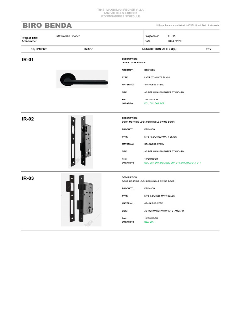 Dekkson Ironmongery Schedule for Villa | PDF | Building Technology ...