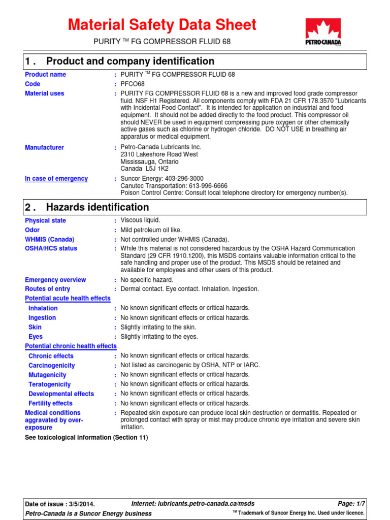 4.MSDS Purity FG Compressor Fluid 68 | PDF