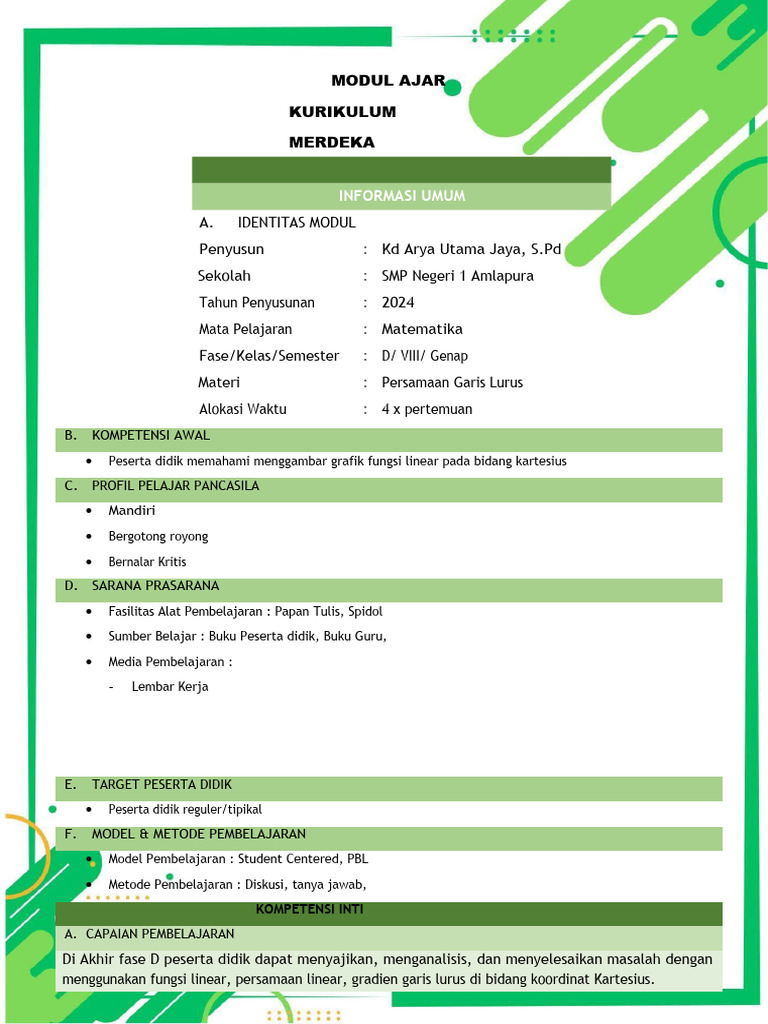 Modul Ajar Matematika - Persamaan Garis Lurus - Fase D | PDF