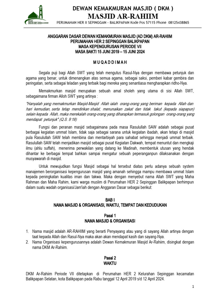 Anggaran Dasar DKM Masjid Ar-Rahiim | PDF