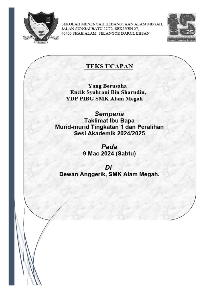 Teks Ucapan Ydp Pibg Orientasi Ting 1 2024 2025 | PDF