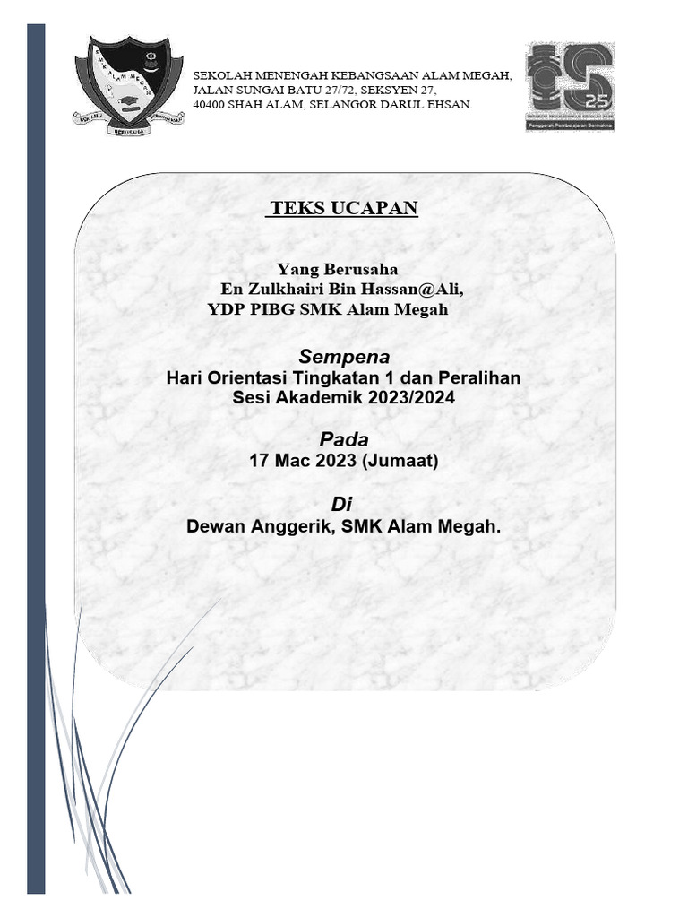 Teks Ucapan Ydp Pibg Orientasi Ting 1 2023 2024 | PDF