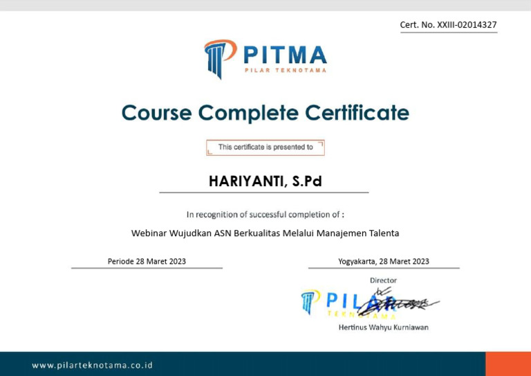 E-SERTIFIKAT PITMA - Webinar Manajemen Talenta - An. HARIYANTI, S.PD | PDF