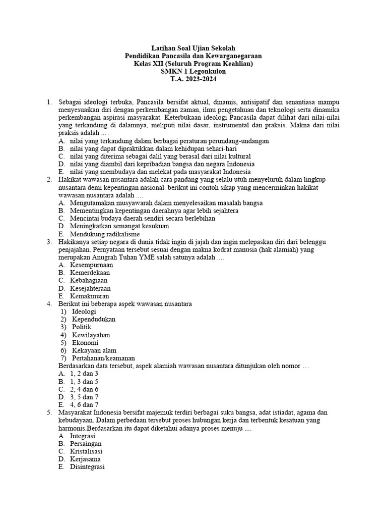 Latihan Soal US PPKN Kelas XII 2024 | PDF