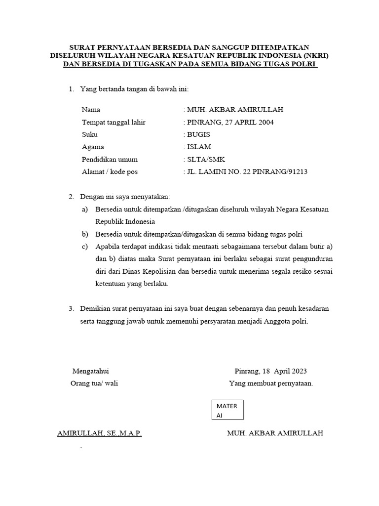 Surat Pernyataan Bersedia Dan Sanggup Ditempatkan | PDF