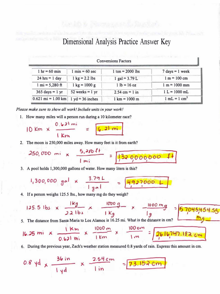 Dimensional Analysis Practice Answer Key | PDF