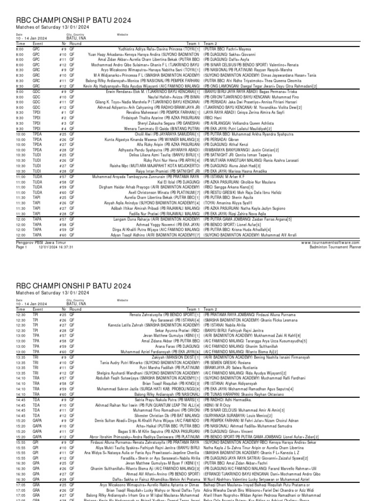 Order of Play Sabtu RBC Championhip 2023 | PDF