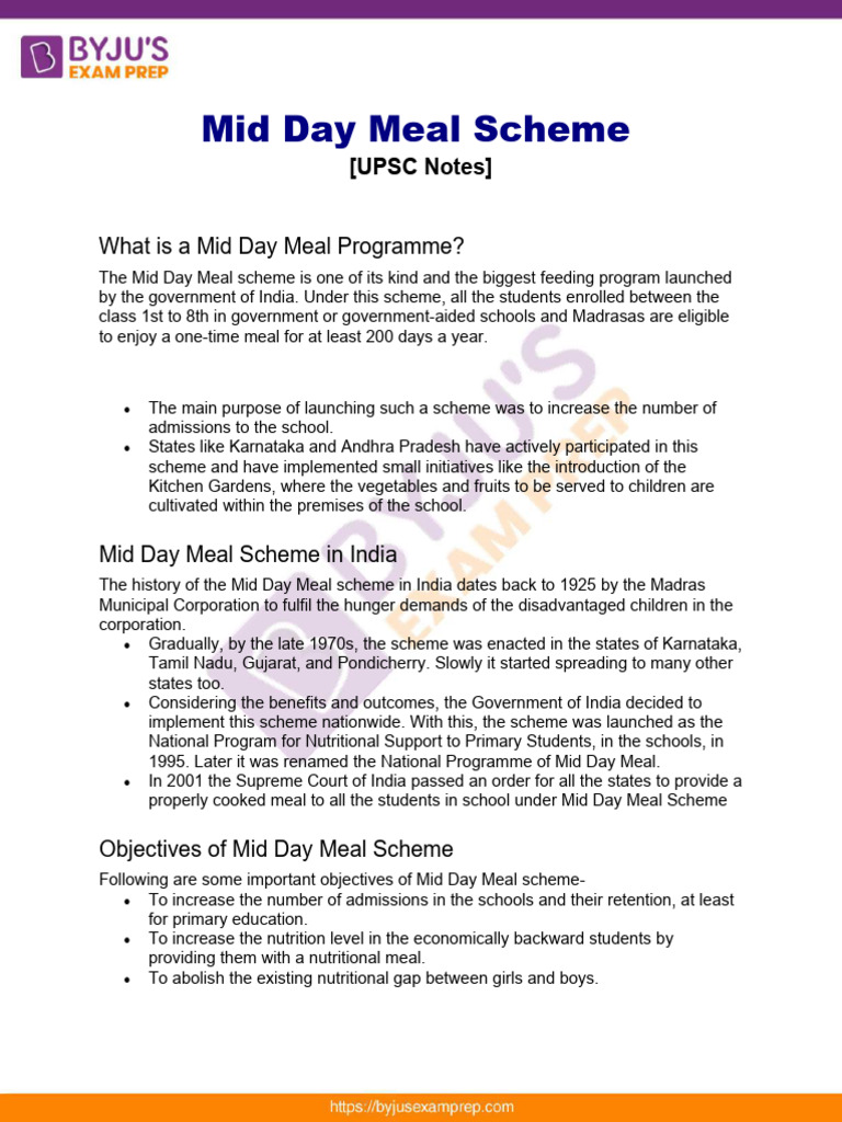 Overview of Mid Day Meal Scheme | PDF | Social Science | Wellness