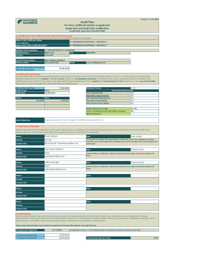 Audit Plan PTPN VIII RA | PDF | Audit | Occupational Safety And Health