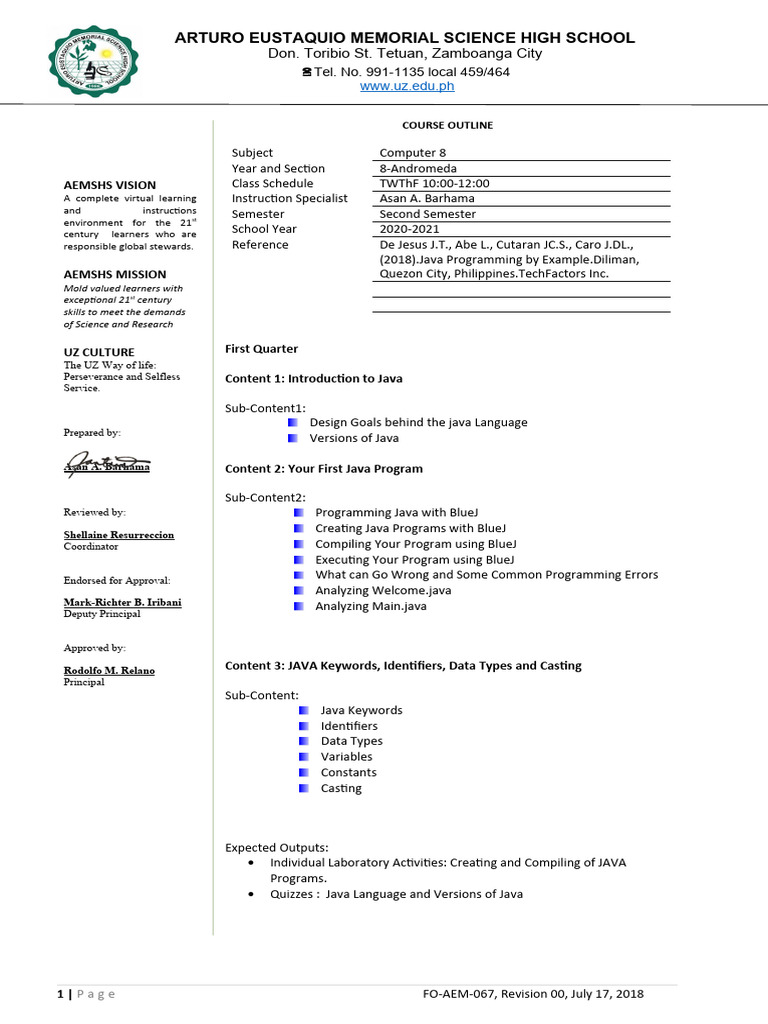 Java Programming Course Outline for Grade 8 | PDF | Computers