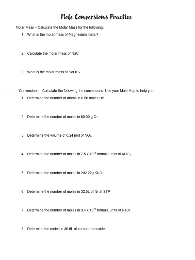 Mole Conversions Practice | PDF