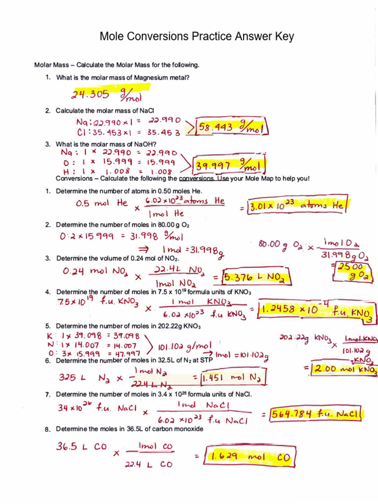 Mole Conversions Practice Answer Key | PDF | Mole (Unit) | Scientific Phenomena