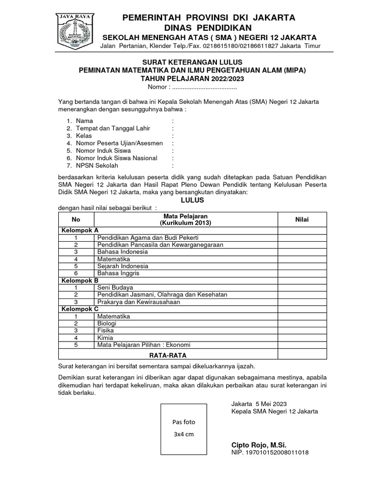 Format SKL 12 Mipa 2022-2023 Sman 12 | PDF