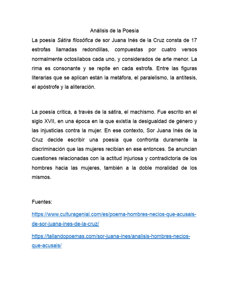 Análisis de "Hombres necios" de Sor Juana | PDF | Poesía | Clásicos