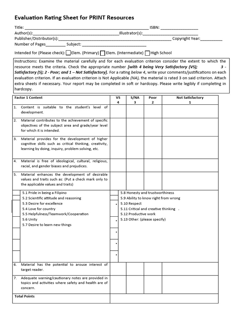 Evaluation Rating Sheet For PRINT Resources | Download Free PDF ...