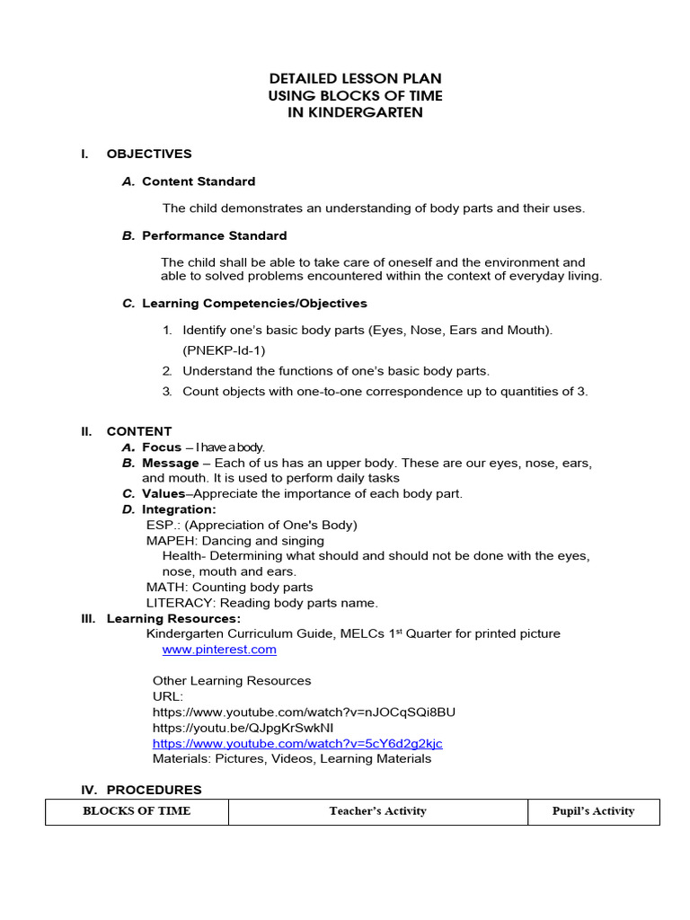 Kindergarten Body Parts Lesson Plan | PDF | Lesson Plan | Learning