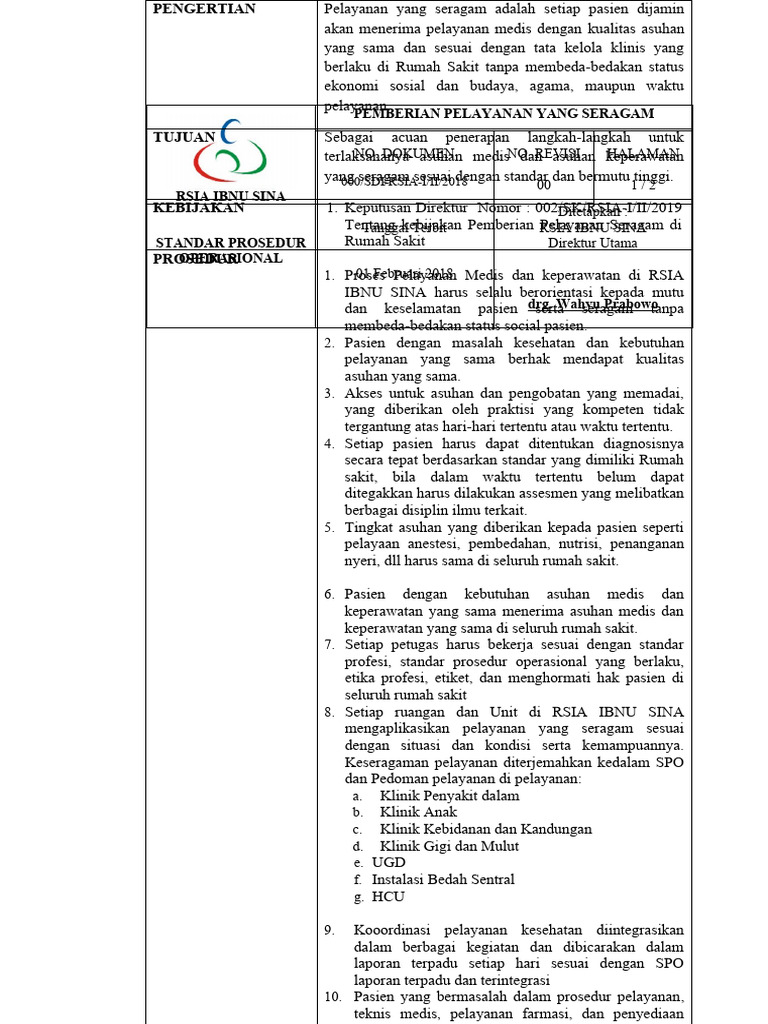 Spo Pelayanan Pasien Yang Seragam Di Seluruh Rs Pdf