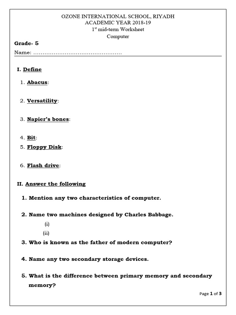 Grade 5 computer worksheet | PDF | Computer Data Storage | Computer Hardware
