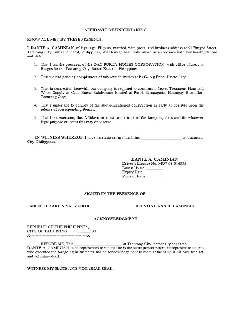 Affidavit of Undertaking for Construction | PDF