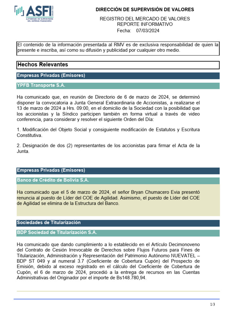 Reporte Informativo ASFI Al 07 03 2024 | PDF | Bolsa | Economias