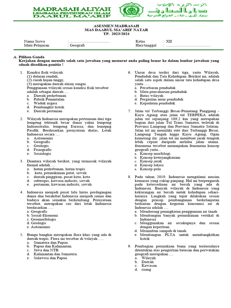 Soal Am Geo Xii 2023-2024 | PDF