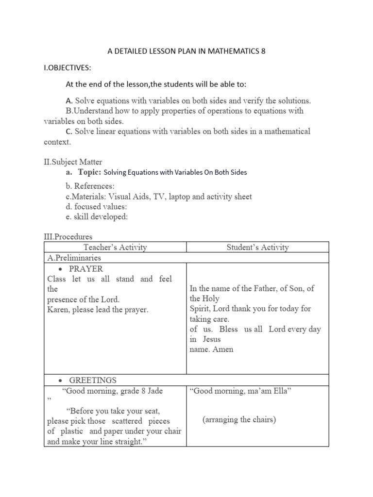 A Detailed Lesson Plan in Mathematics 8 | PDF | Equations | Variable ...