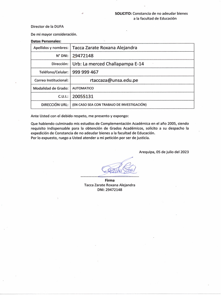 Solicito Constancia de No Adeudar Bienes | PDF