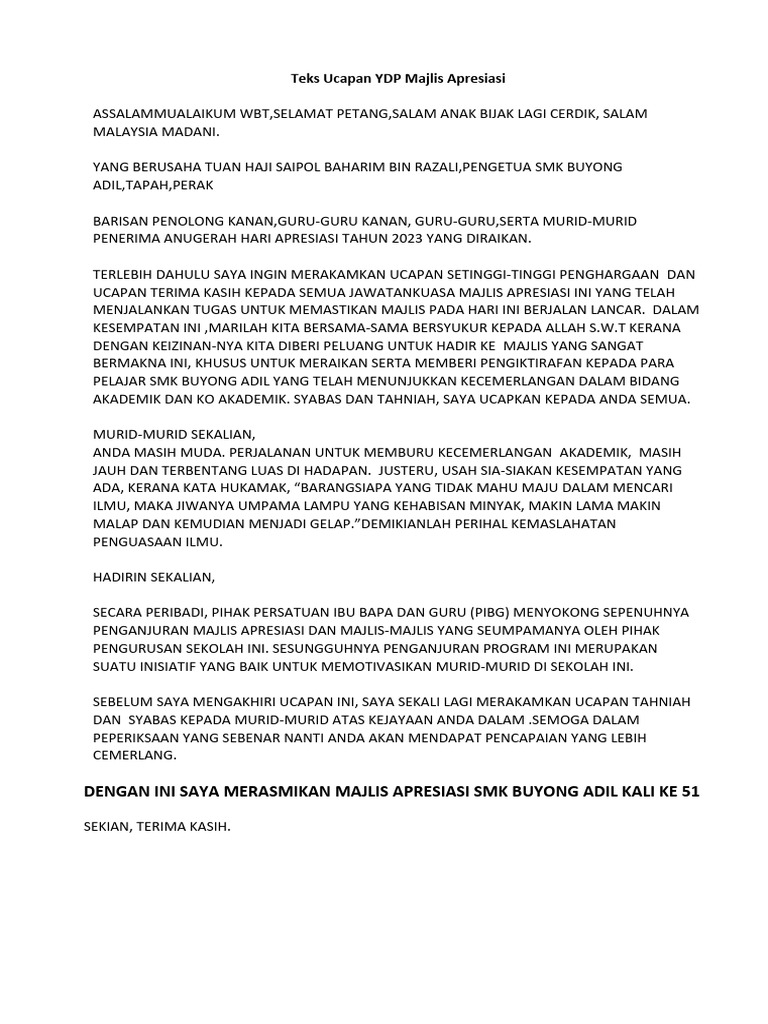 Teks Ucapan Ydp Pibg Majlis Apresiasi 2023 | PDF | Kesehatan Holistik | Agama & Spiritualitas