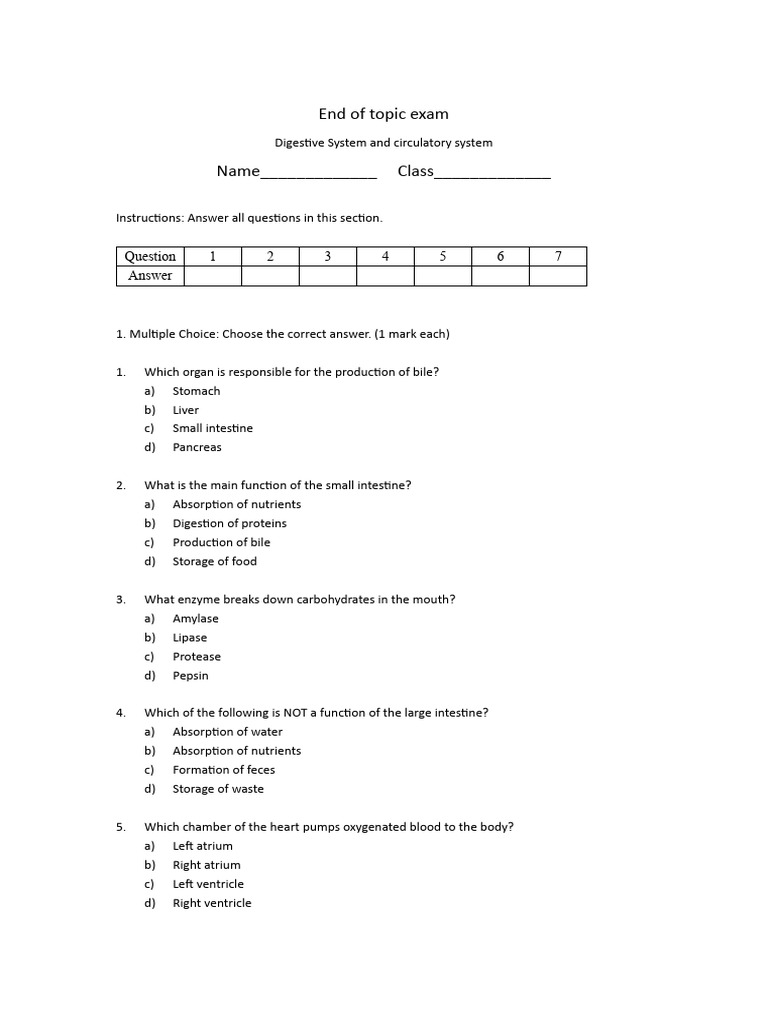 Unit Test-Digestive System and Circulatory System | PDF | Digestion | Heart