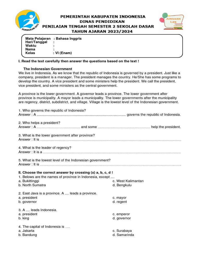 Soal PTS Bahasa Inggris K13 Kelas 6 Semester 2 T.A 2023 2024 | PDF