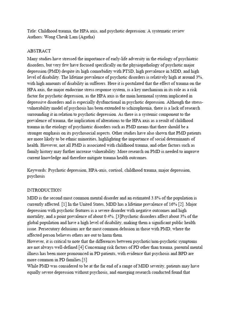 Childhood Trauma, The HPA Axis, and Psychotic Depression - A Systematic ...