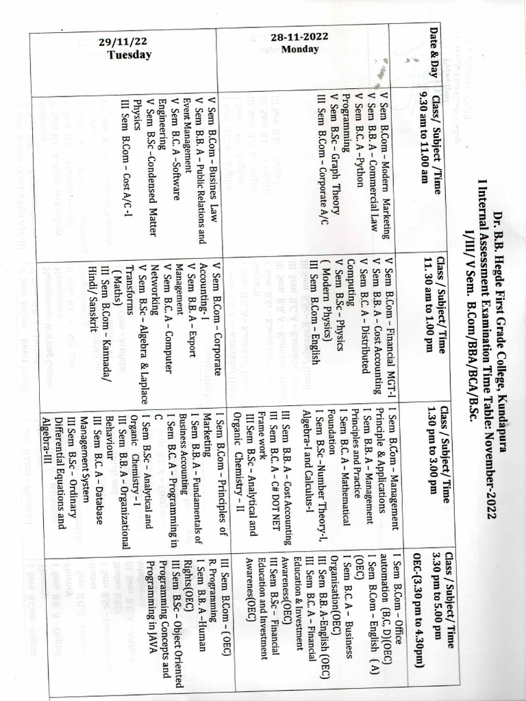 I Internal Assessment Examination Time Table - Nov 2022 | PDF