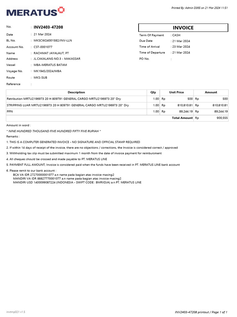 Invoice (CST 0001077) (Inv2403 47208) | PDF | Indonesian Rupiah | Invoice
