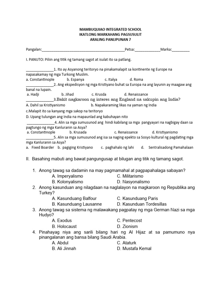 AP7-Q3-SummativeTest-Week 1 | PDF