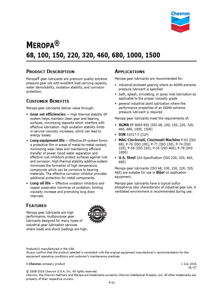 Meropa ISO 320 Technical Datasheet | PDF | Lubricant | Building Engineering