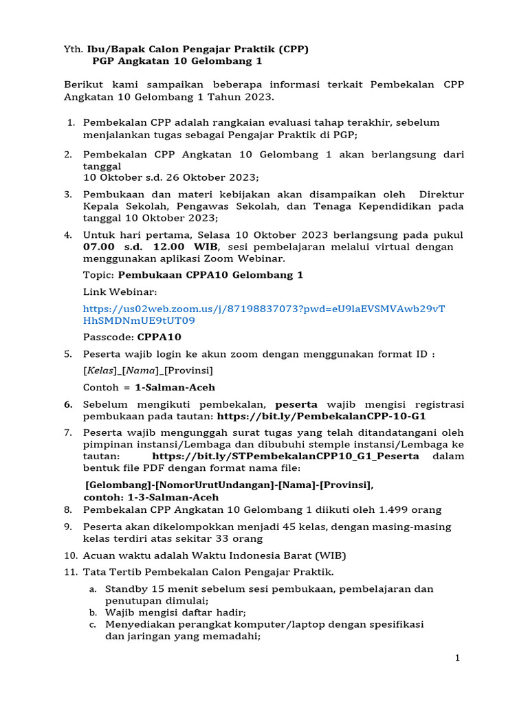 Informasi Pembekalan CPP A10 Gel 1 | PDF