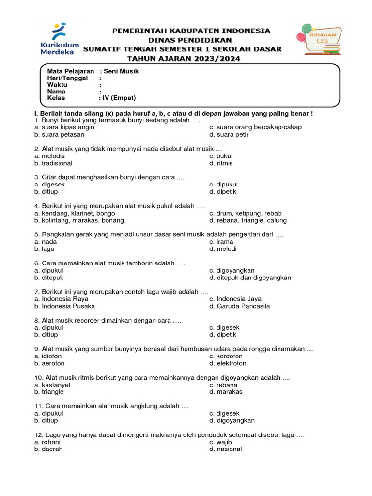 Soal PTS - STS Seni Musik Kelas 4 Semester 1 Kurikulum Merdeka T.A 2023 ...