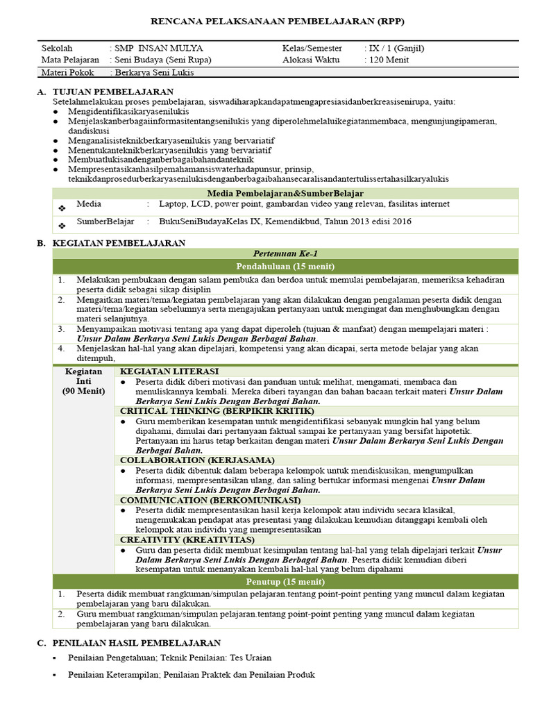RPP I SB (Rupa) Kelas 9 Sem 1 | PDF
