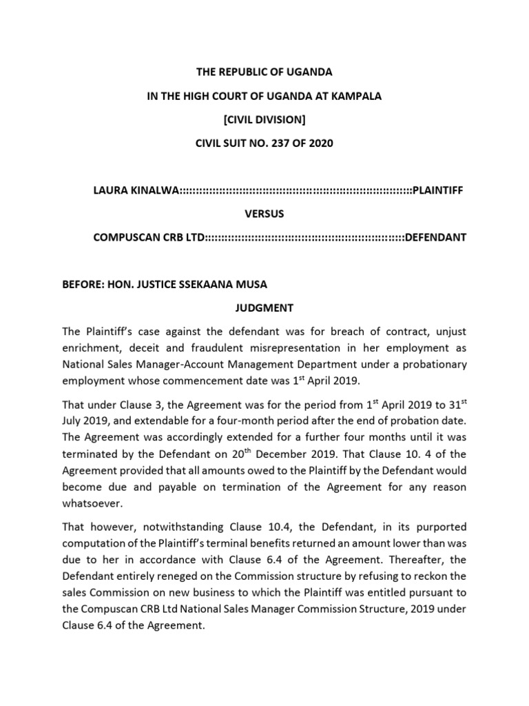 Judgment Laura Kinalwa v Campscan | PDF | Misrepresentation | Tort
