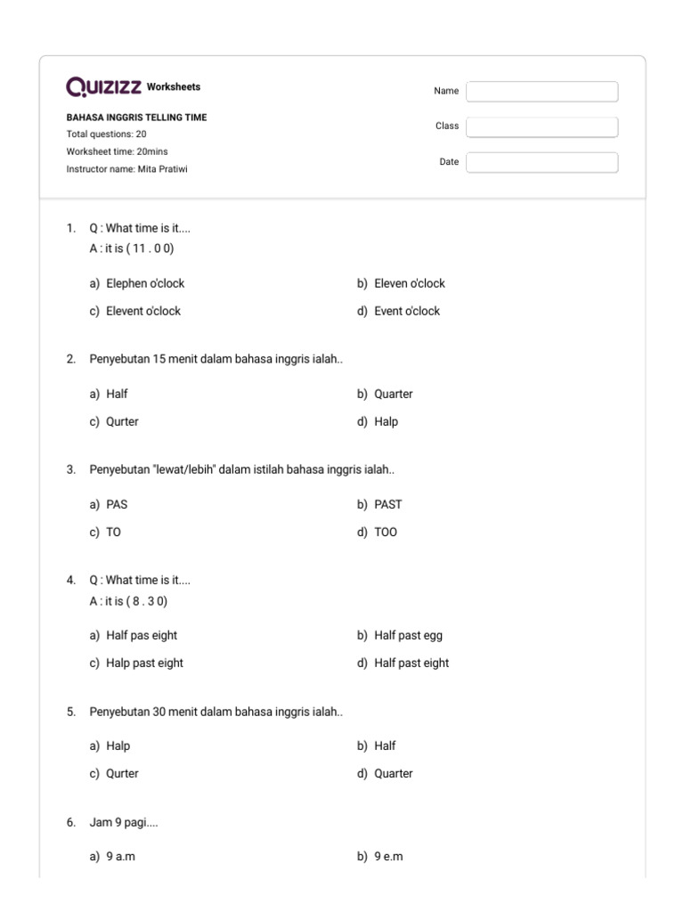 BAHASA INGGRIS TELLING TIME - Quizizz | PDF