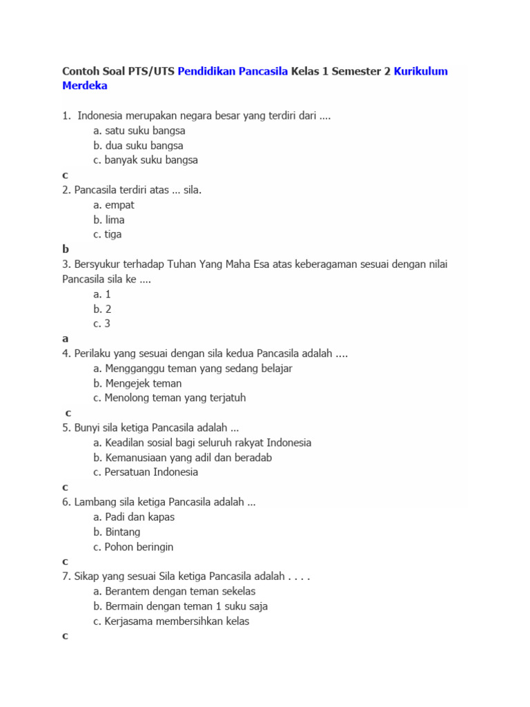 Contoh Soal PTS Pancasila Kelas 1 | PDF