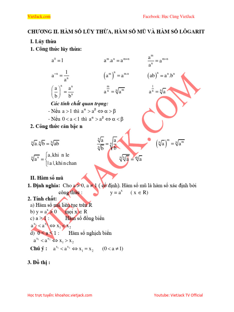 Cong Thuc Toan Lop 12 Chuong 2 Giai Tich | PDF